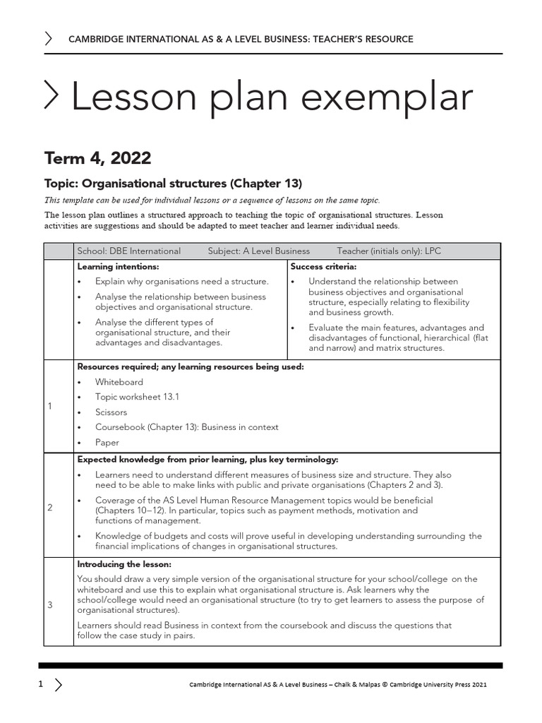 ASAL Business TR Lesson Plan Exemplar | PDF | Organizational Structure ...