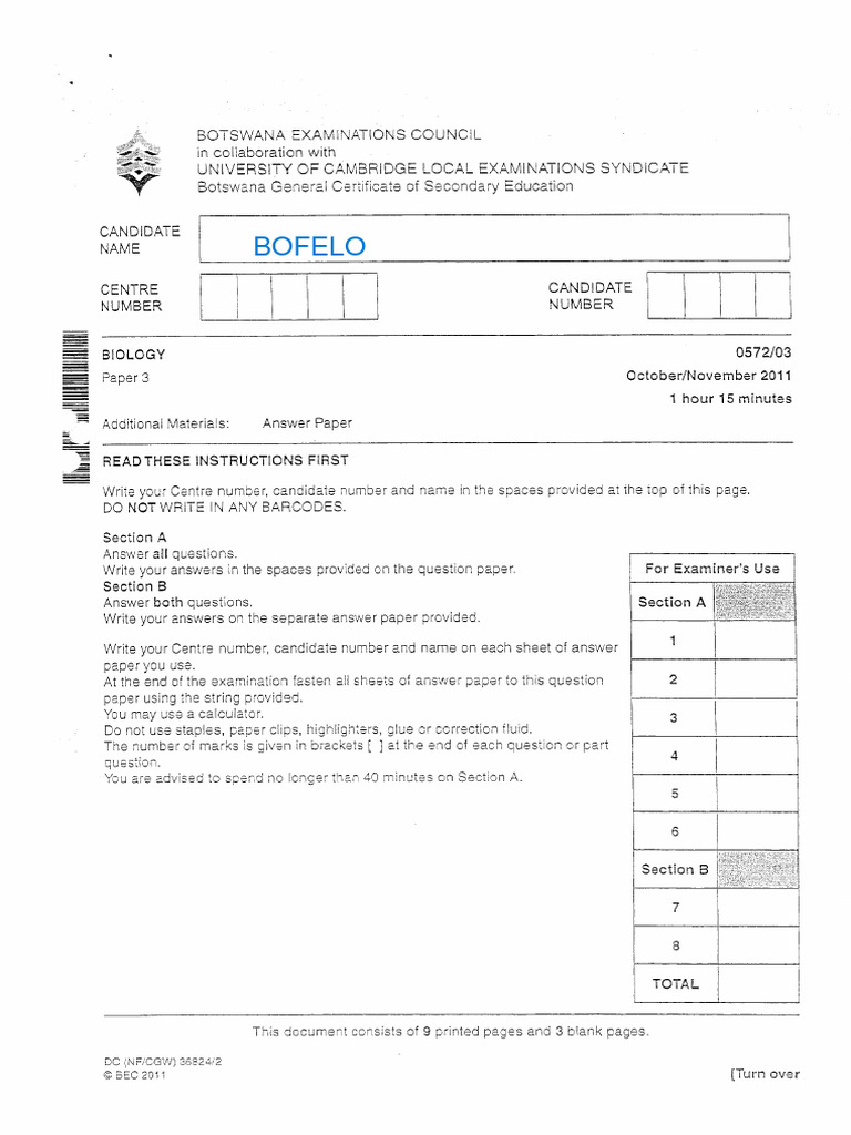 Bgcse Biology Paper 3 2011 | PDF
