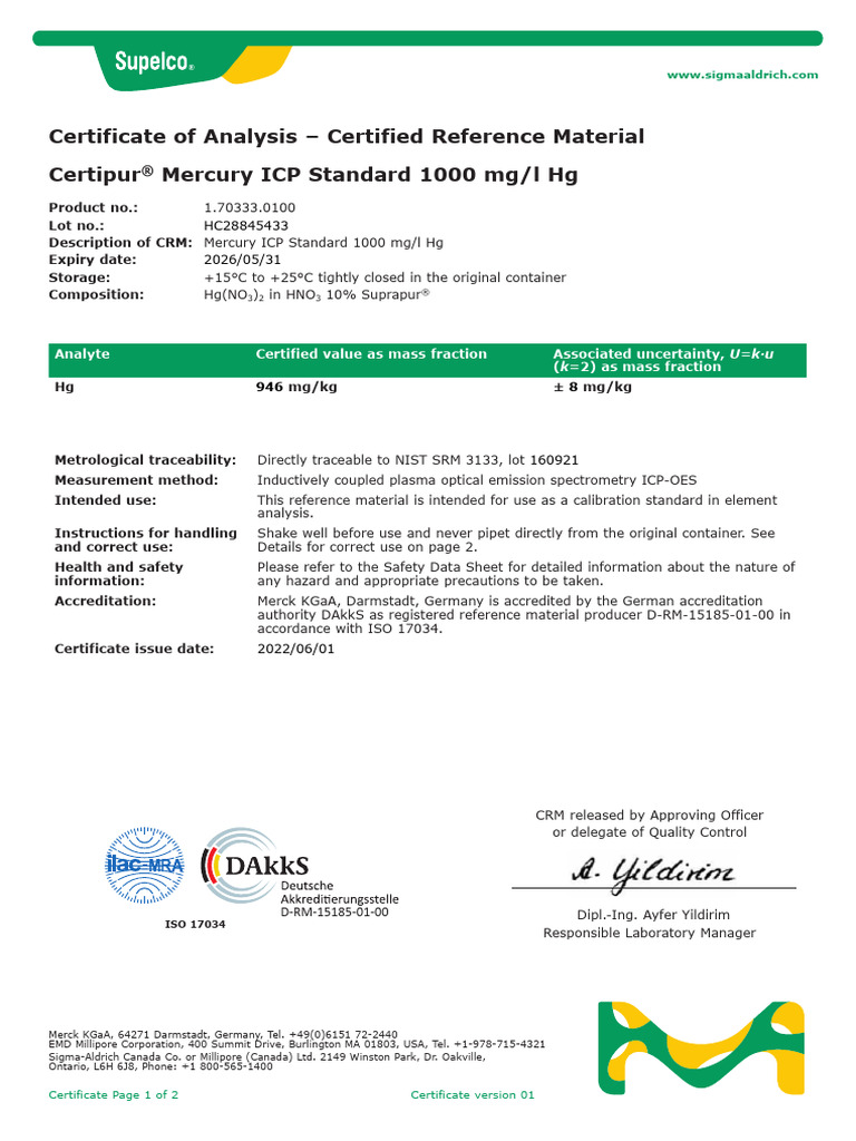 Certipur® Mercury ICP Standard CoA | PDF | Metrology | Physical Sciences