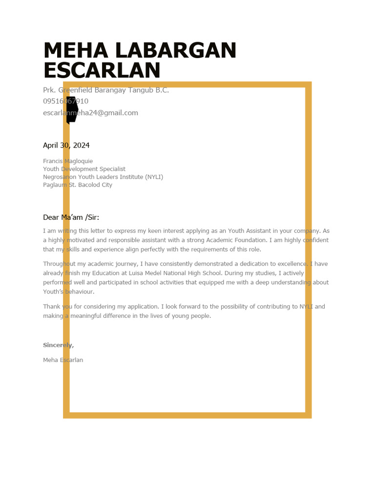 Meha Labargan Escarlan: Prk. Greenfield Barangay Tangub B.C. 09516067910 | PDF