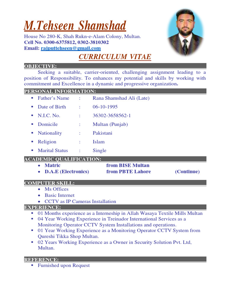 Muhammad Tehseen Shamshad Son of Rana Shamshad CV | PDF
