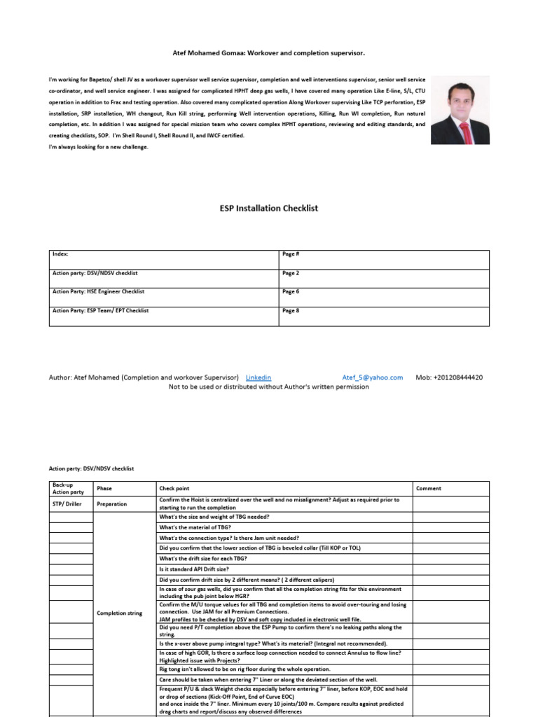 ESP Installation Checklist | PDF | Pump | Valve