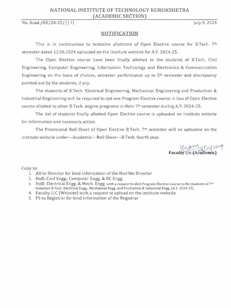 Notification and Final Allotment of Open Elective For B.Tech - 7th Semester of Academic Year ...