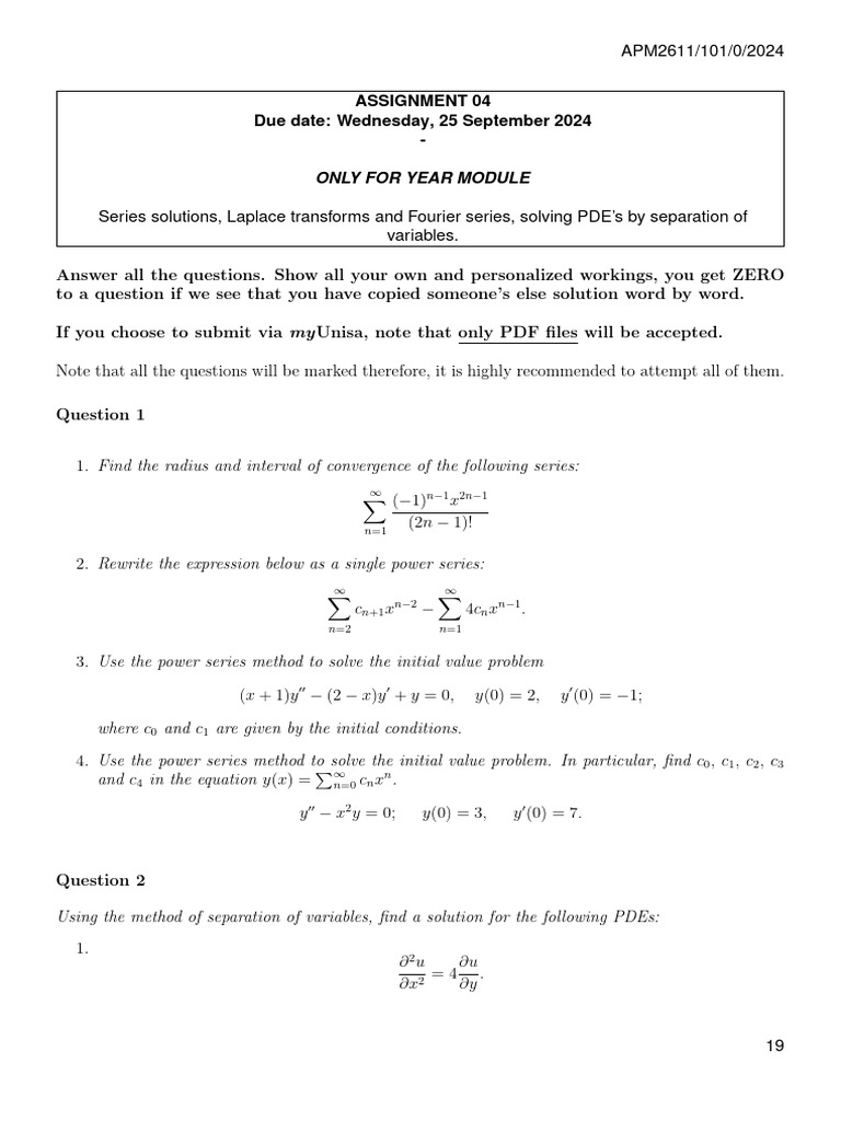 Assignment 04-Apm2611-2024 | PDF | Partial Differential Equation | Differential Equations