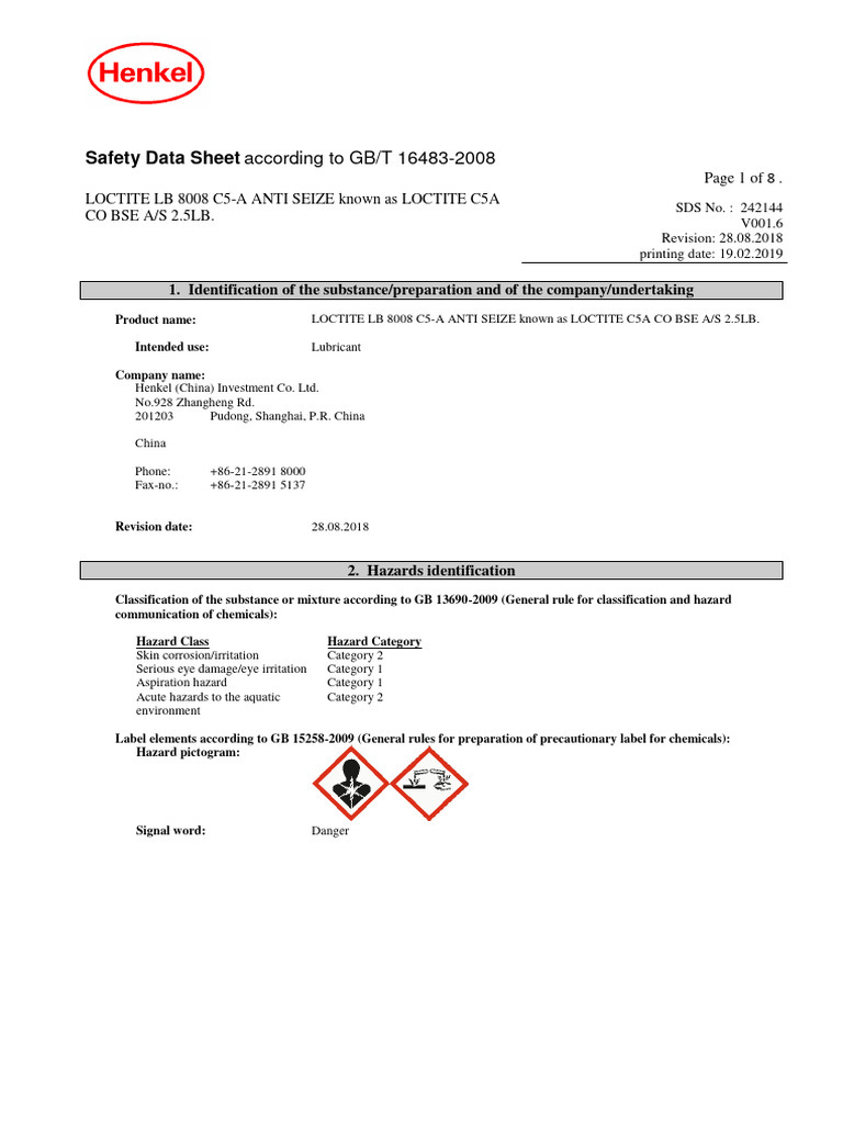 Loctite LB 8008 - MSDS | PDF | Dangerous Goods | Toxicity