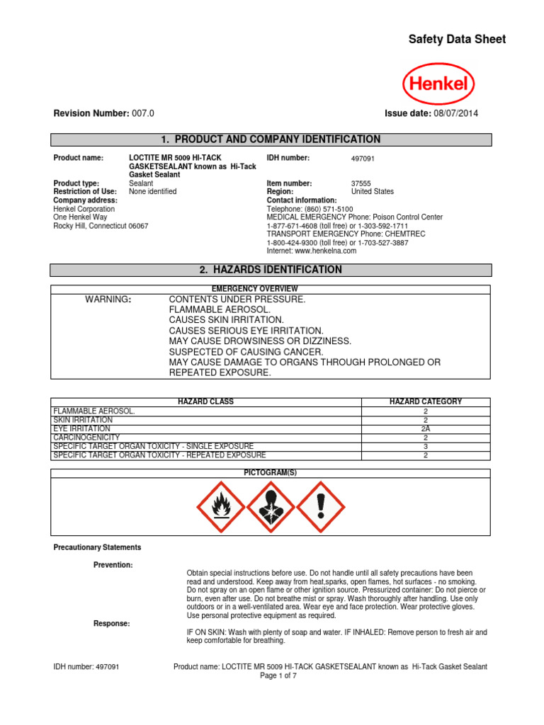 Loctite MR 5009 - MSDS | PDF | Firefighting | Dangerous Goods