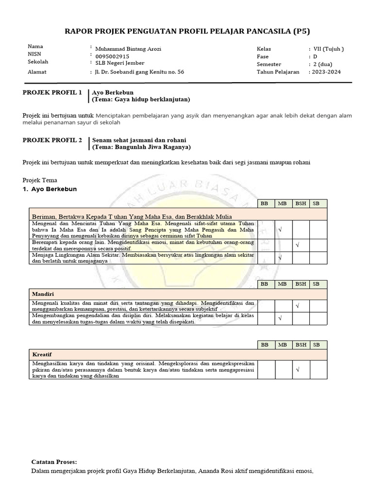 Rapor p5 Rosi | PDF | Kesehatan Holistik