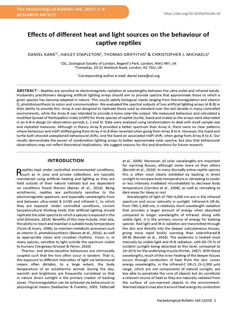 (2023) Effects of Different Heat and Light Sources On The Behaviour of Captive Reptiles | PDF ...