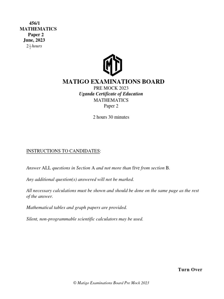 Matigo Pre Mock Math2 Uce 2023 QP | PDF | Mathematics