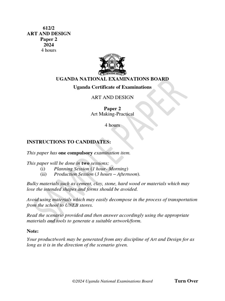 6122 Art and Design UNEB Sample Paper New Curriculum 2024 Plus Scoring ...
