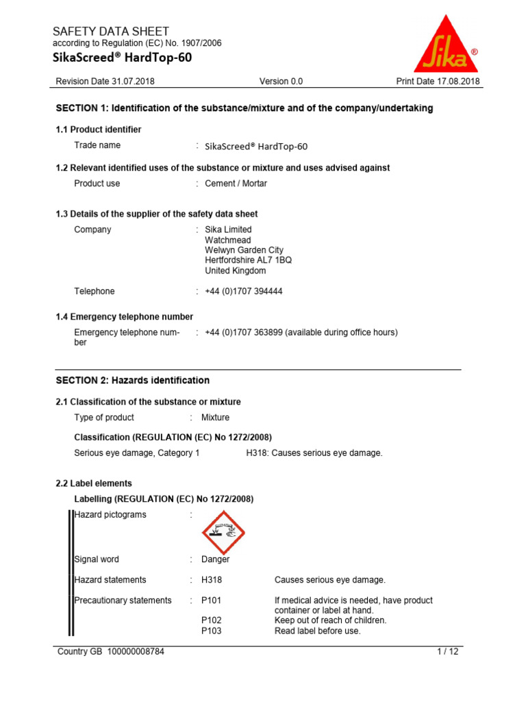 SikaScreed® HardTop-80 UK SDS | PDF | Waste | Toxicity