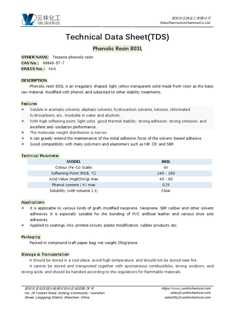 Phenolic Resin 803L Technical Data Sheet | PDF | Solvent | Resin