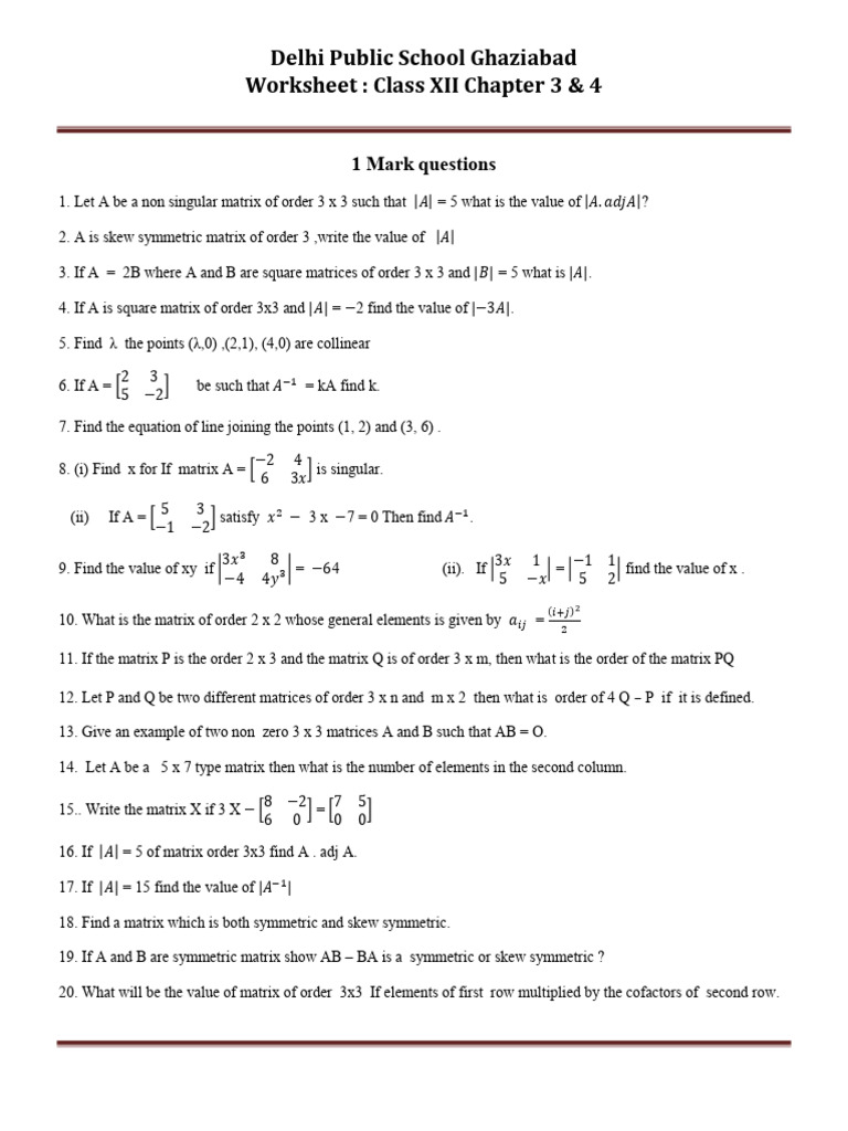XII Math Worksheet CH 3 &4 | PDF | Matrix (Mathematics) | Mathematical Analysis
