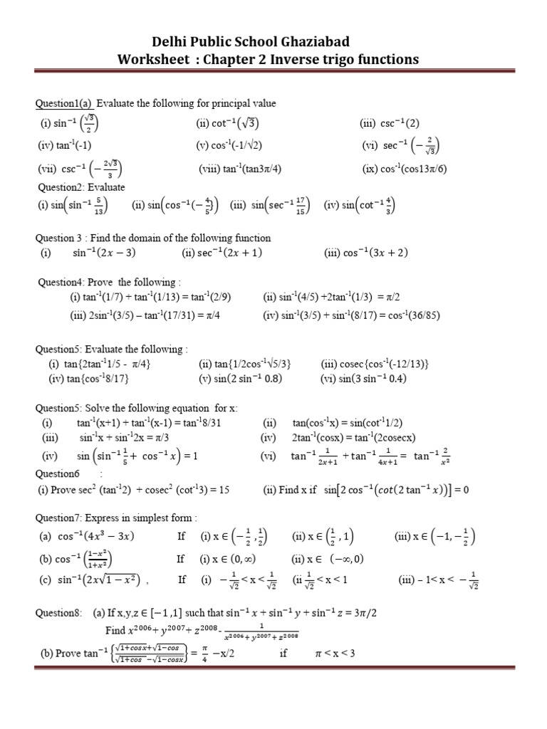 Worksheet CH 2 Inverse Trigo Functions | PDF | Trigonometric Functions ...