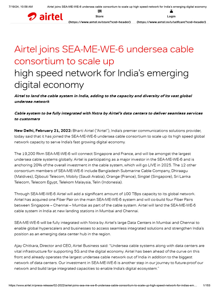 Airtel Joins SEA-ME-WE-6 Undersea Cable Consortium To Scale Up High ...