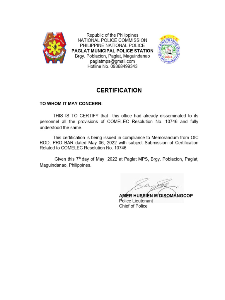 CERTIFICATION Re COMELEC Resolution No10746 | PDF | Finance & Money ...