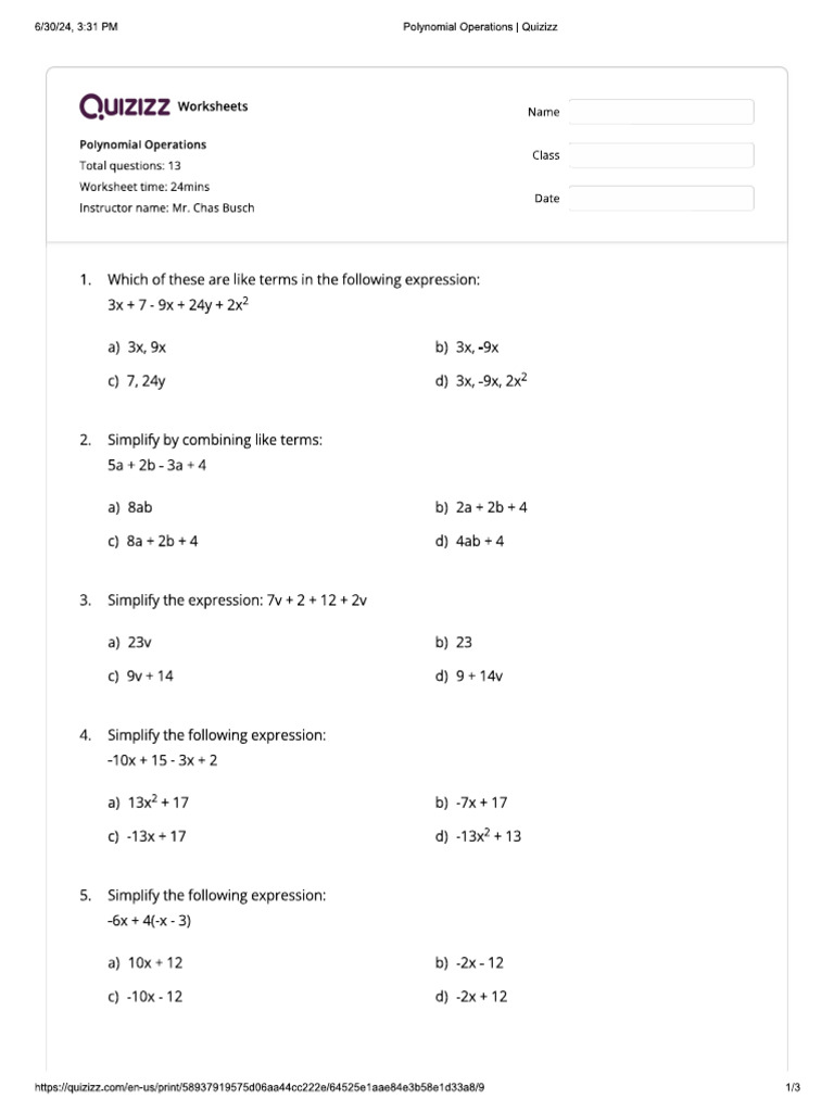 Polynomial Operations 1 | PDF