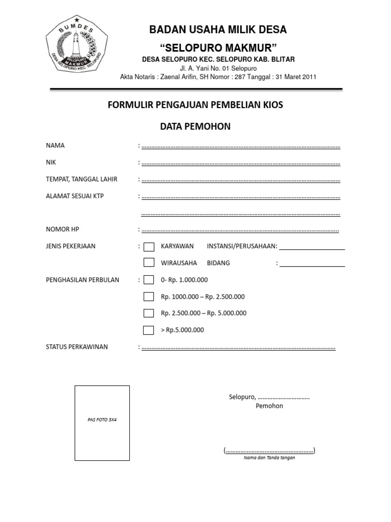 Formulir Pengajuan Pembelian Kios | PDF