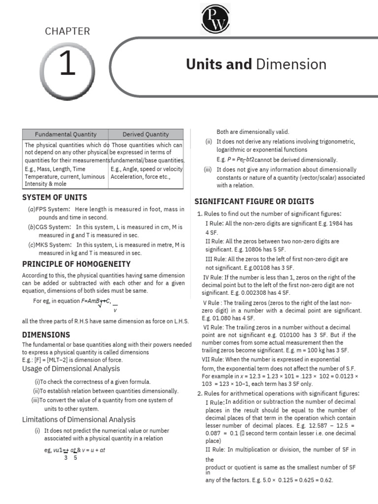Unit and Dimensions Short Notes | PDF | Significant Figures | Numbers
