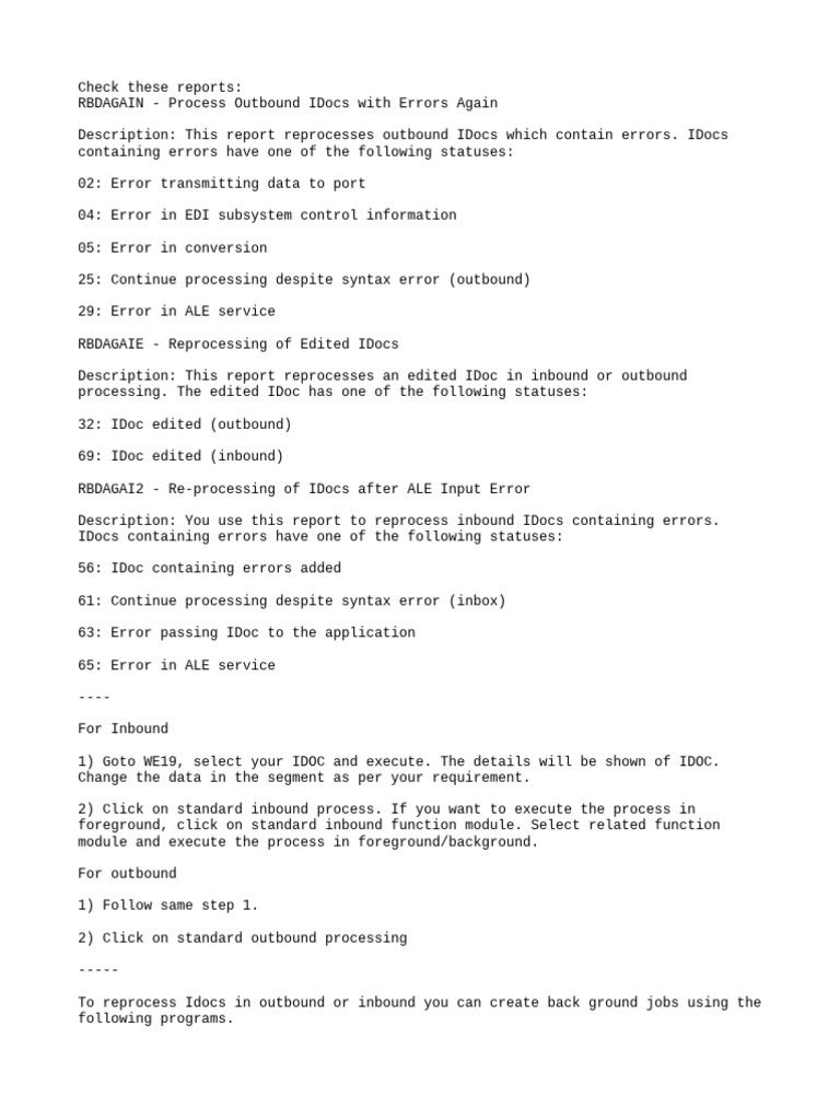 How To Reprocess The IDOC in Both Inbound & Outbound | PDF | Software Development | Information ...