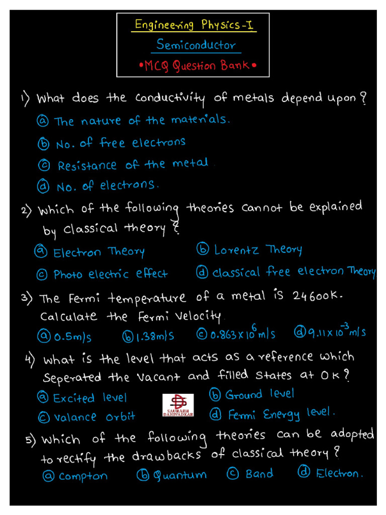 Semiconductor Engineering Physics 1 MCQ Question Bank by Saurabh | PDF