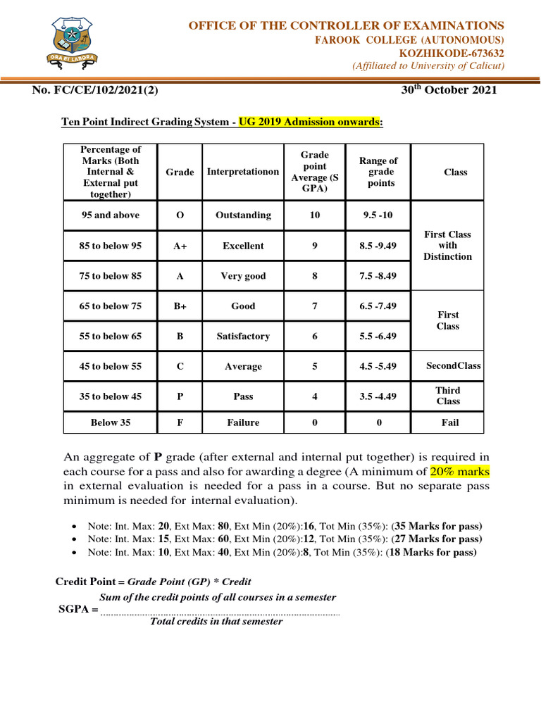 Grading System - Ug 2019 Admn Onwards | PDF | Academia | Educational Stages