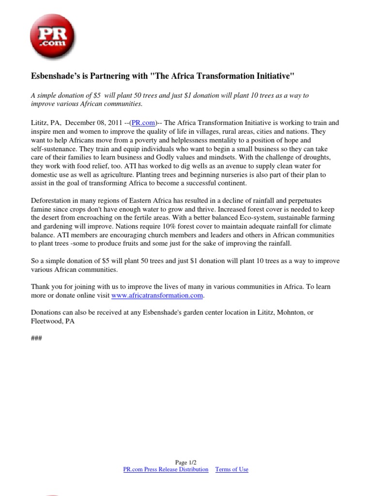 Esbenshade's Is Partnering With "The Africa Transformation Initiative ...