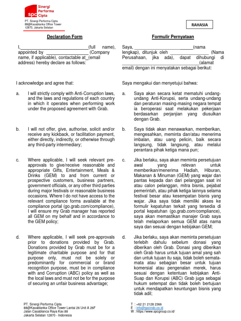 Formulir Deklarasi Kepatuhan Grab | PDF | Karier & Perkembangan | Bisnis