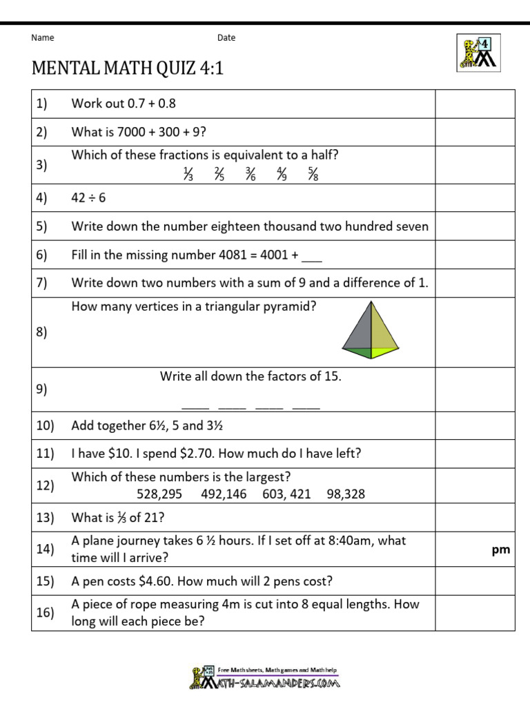 Grade 4 Mental Math Quiz & Answers | PDF | Arithmetic | Mathematics