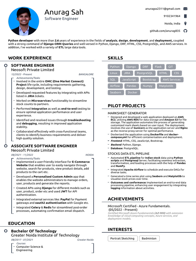 Anurag Resume (Python Devloper) | PDF | Amazon Web Services | Postgre Sql
