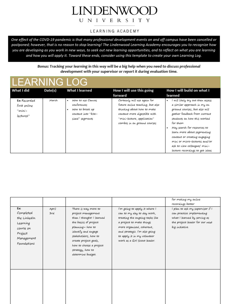 Personal Learning Log Template BB | PDF | Learning | Cognition