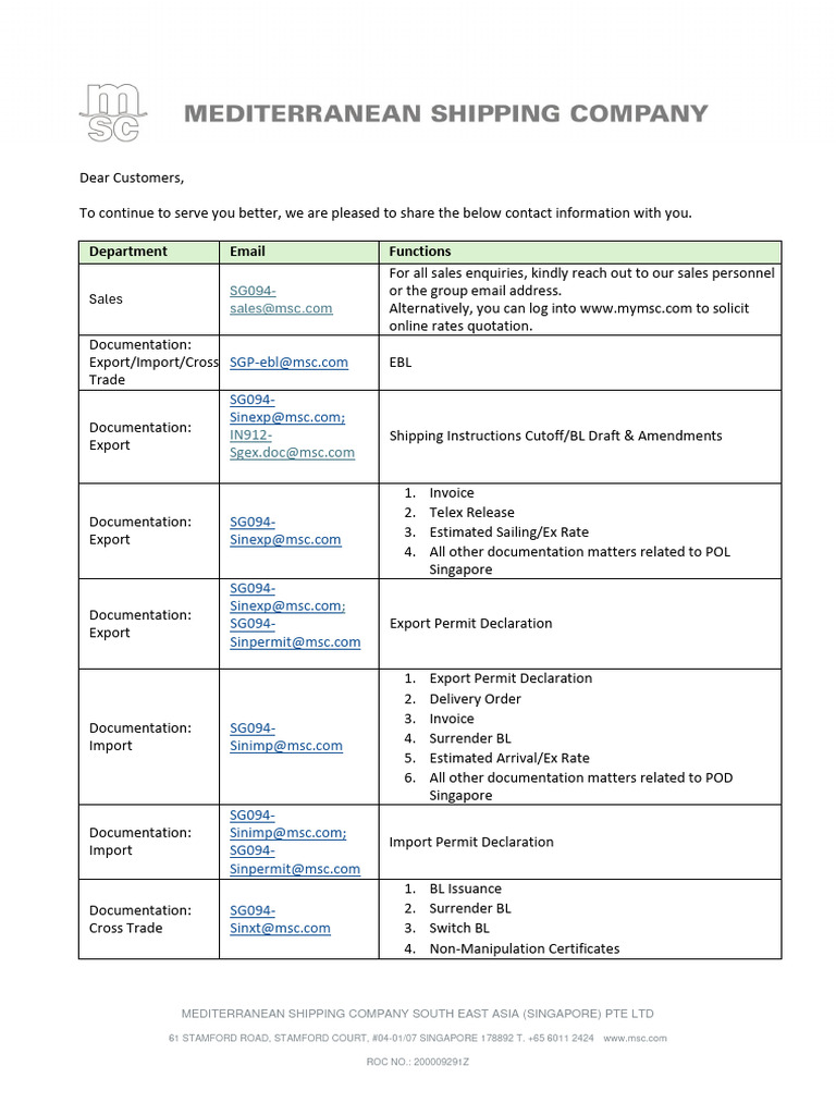 MSC Singapore - Contact Details | PDF