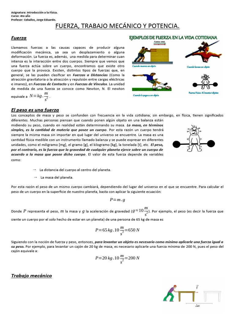 Fórmulas y Ejemplos de Trabajo Mecánico | PDF | Fuerza | Masa