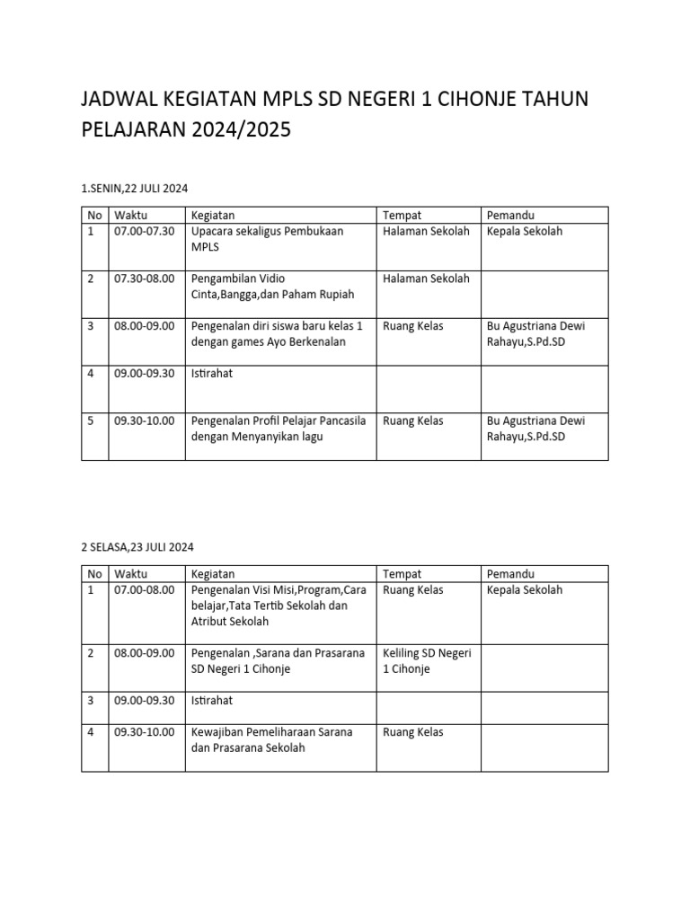 Jadwal Kegiatan Mpls SD Negeri 1 Cihonje Tahun Pelajaran 2024 | PDF