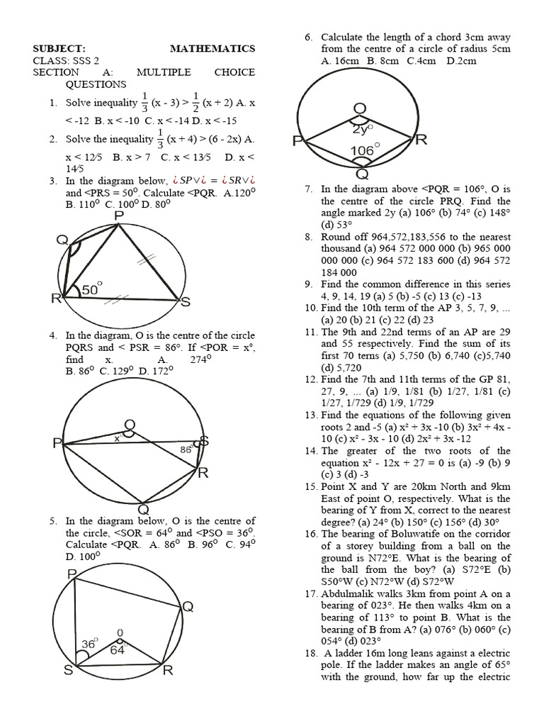 SS2 Mathematics 3RD Term Examination | PDF | Mathematics | Elementary Geometry