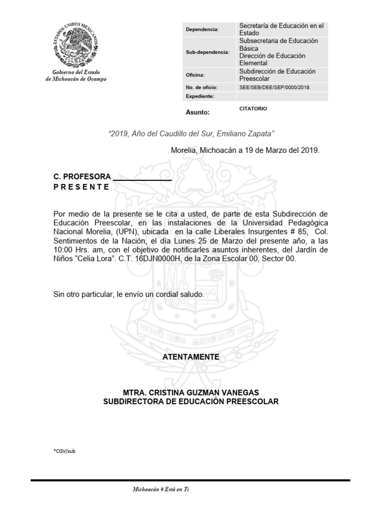 Citatorio para Profesora en Michoacán | PDF