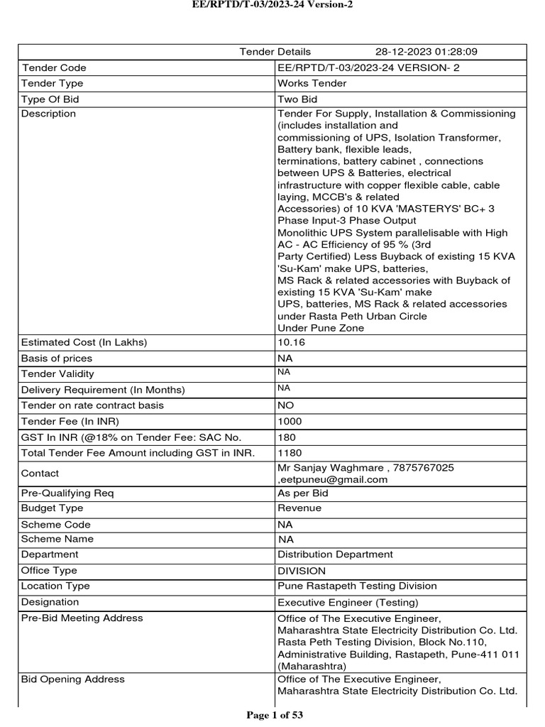 UPS System Installation Tender Pune | PDF | Taxes | Employment