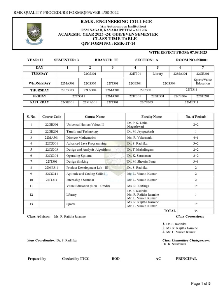 RMK It 14 Class Time Table | PDF | Information Technology | Computing