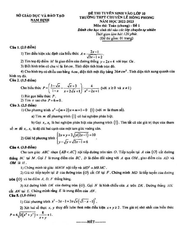 de-vao-lop-10-mon-toan-chung-nam-2022-2023-truong-chuyen-le-hong-phong-nam-dinh | PDF