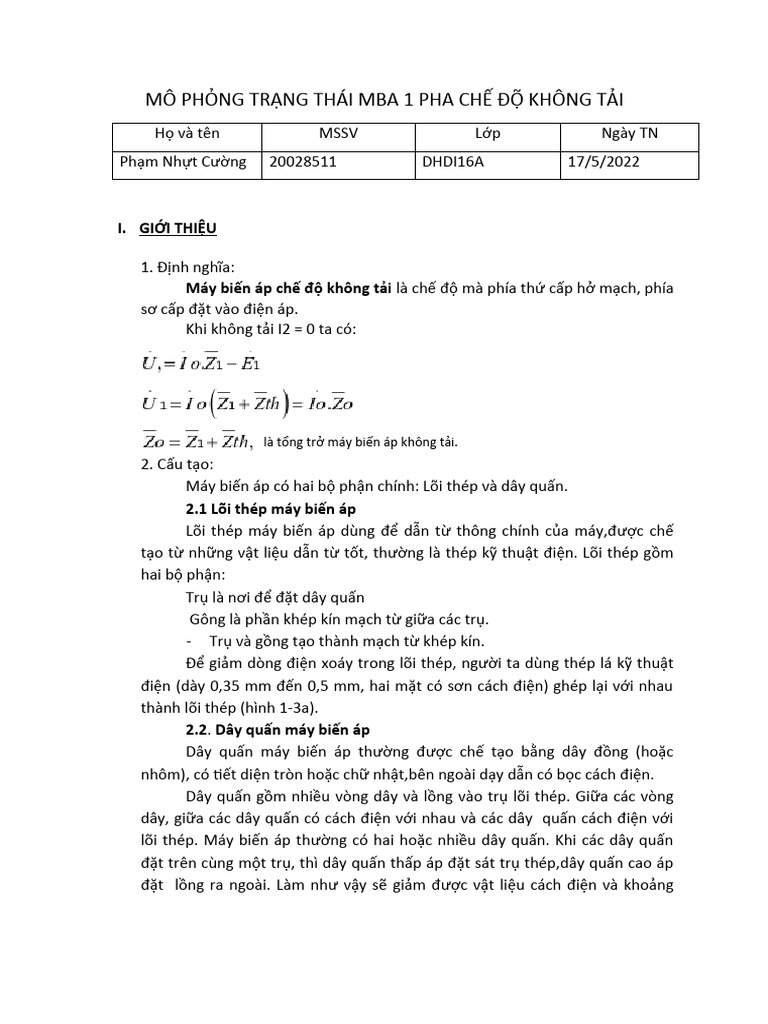MÔ PHỎNG TRẠNG THÁI MBA 1 PHA CHẾ ĐỘ KHÔNG TẢI | PDF