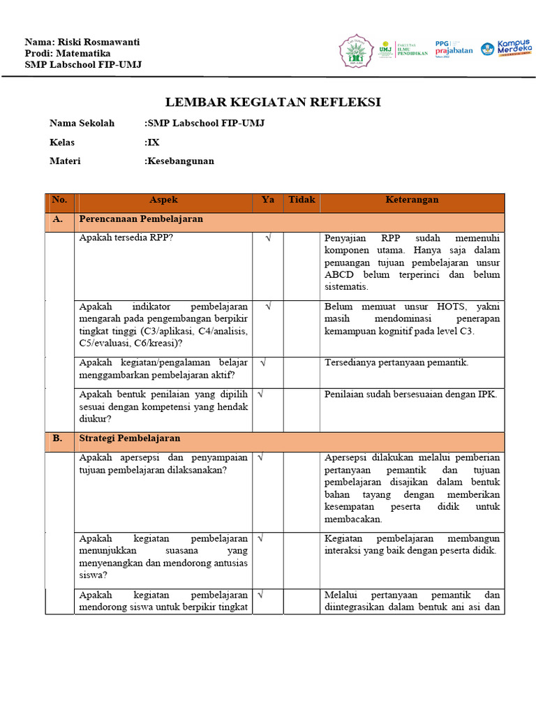Contoh Lembar Refleksi | PDF