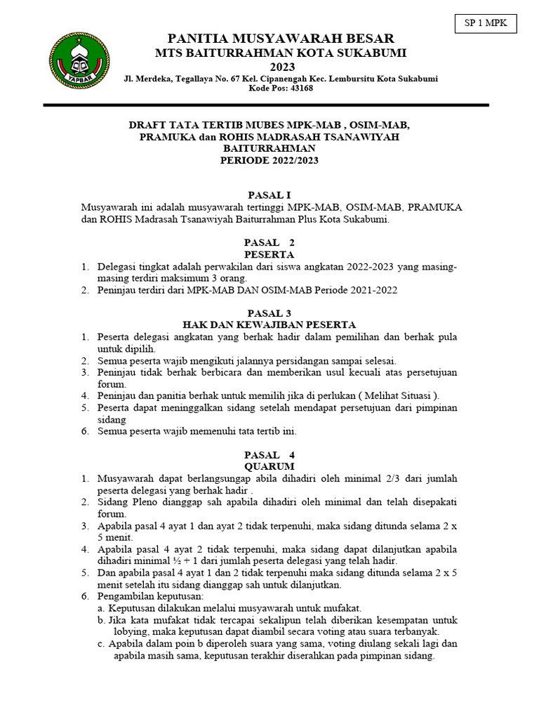 Draft Tata Tertib Mubes Mpk-Mab, Osim-Mab, Pramuka-2 | PDF