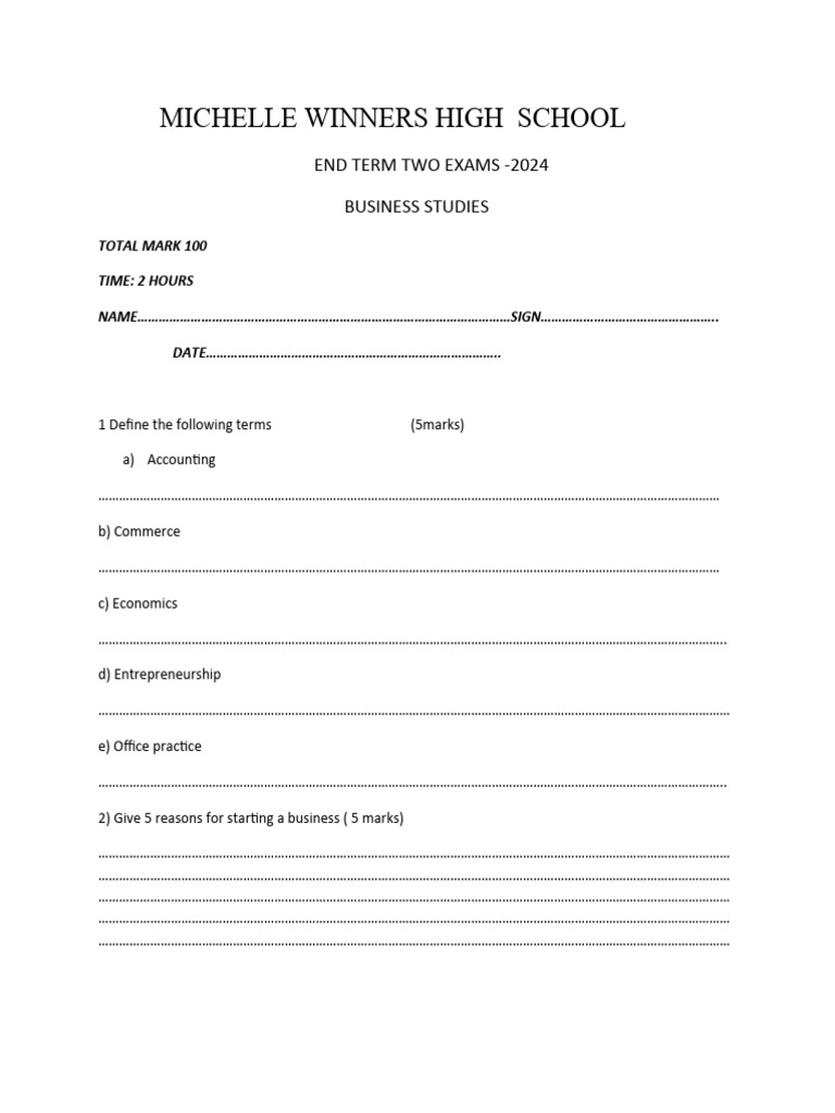 Business Form One End Term 2 | PDF | Trade | Business