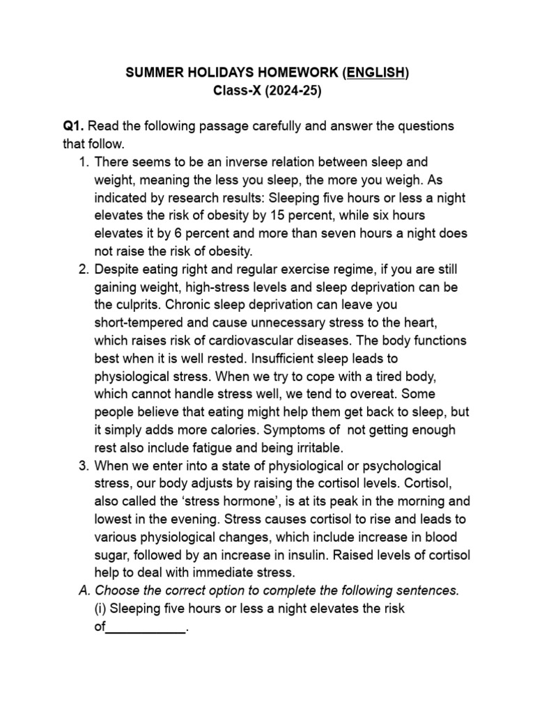 Summer Homework for Class X English | PDF | Stress (Biology) | Sleep