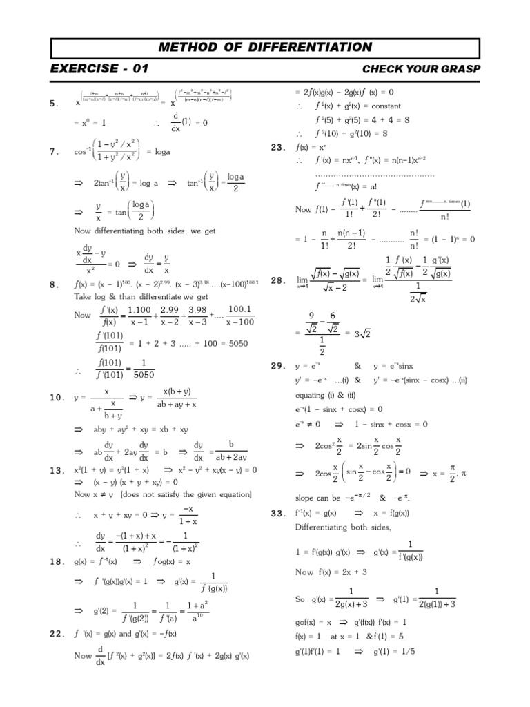 Exercise - 01 Method of Differentiation: Check Your Grasp | PDF ...