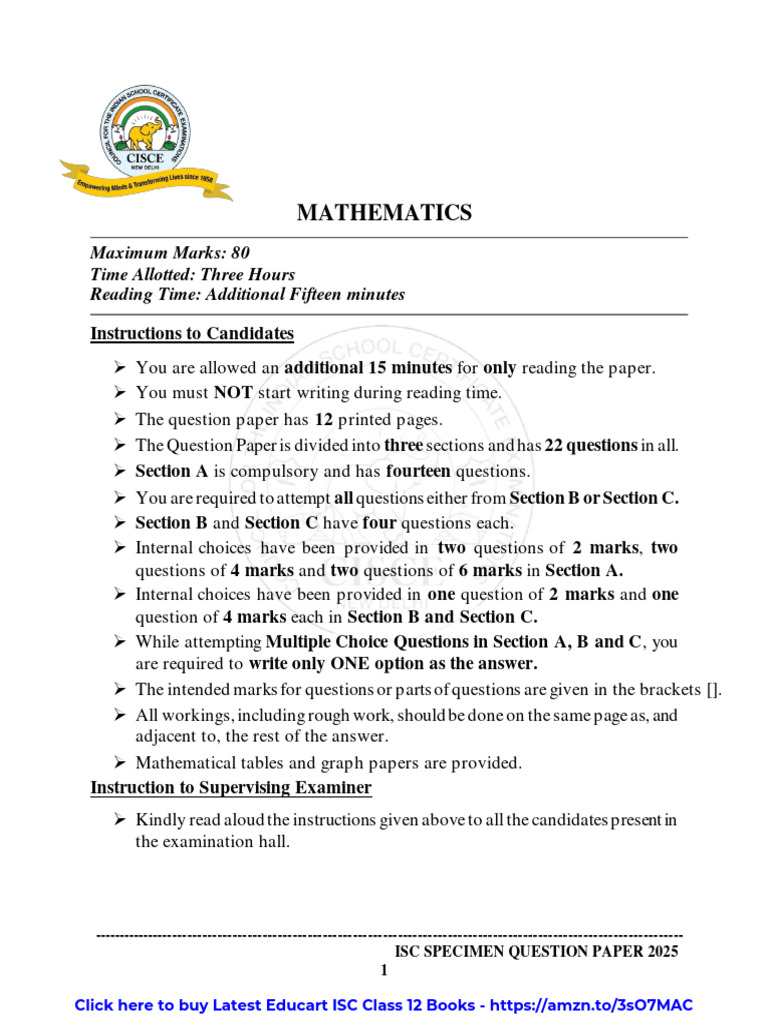 2024-25 ISC Class 12 Maths SQP | PDF | Matrix (Mathematics) | Euclidean ...