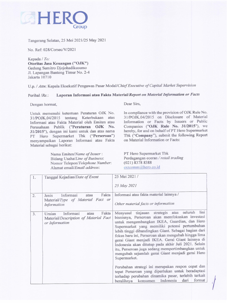 HERO - Laporan Informasi Atau Fakta Material 25 Mei 2021 | PDF