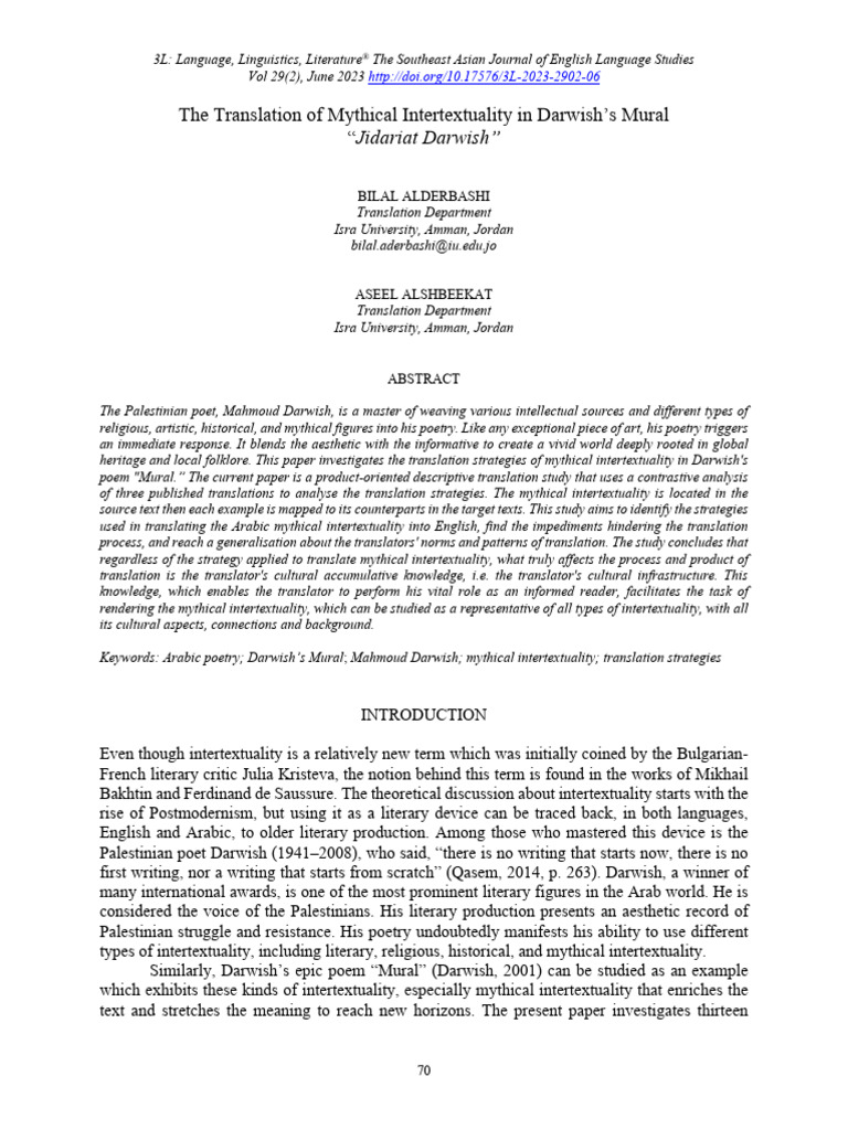 The Translation of Mythical Intertextuality in Darwish Smural Jidariat ...