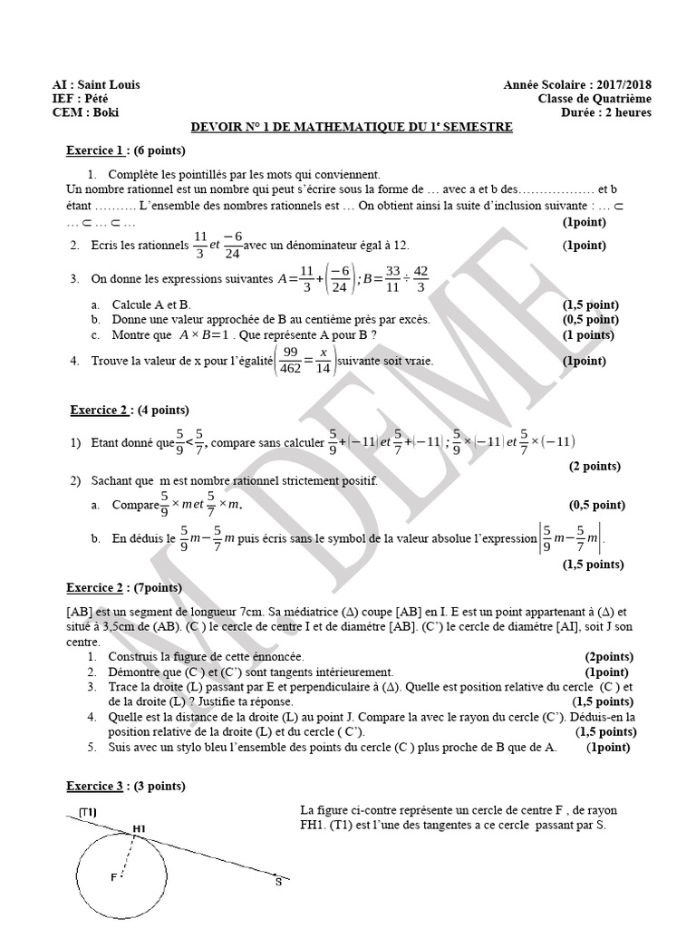 Devoir N°1 - Math 4ème | PDF