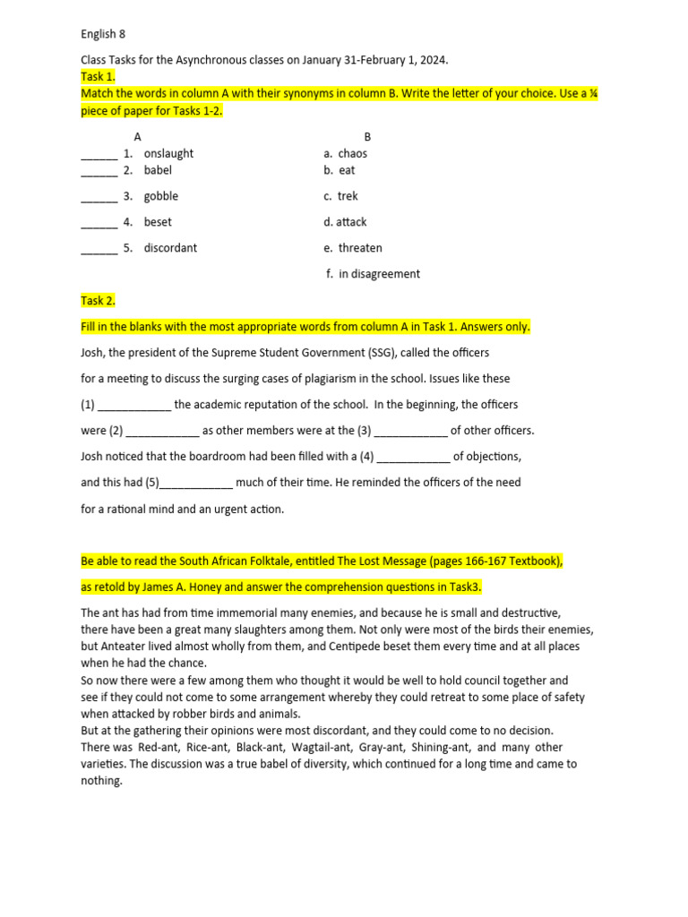 Lesson 3 The Lost Message Tasks For Asynchronous Class On Jan. 31 To Feb 1 | PDF | Ant